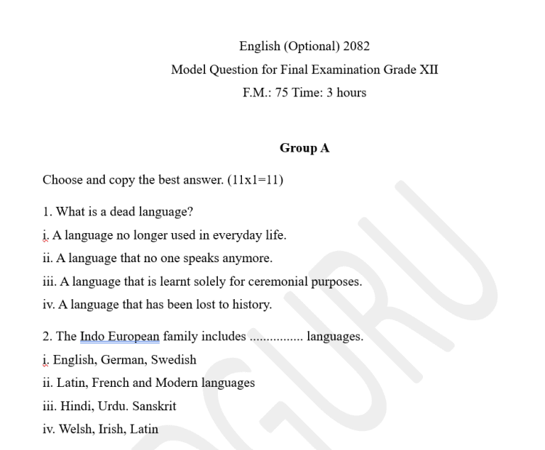 NEB Class 12 Optional English Model Questions 2082: Free PDF Download ...